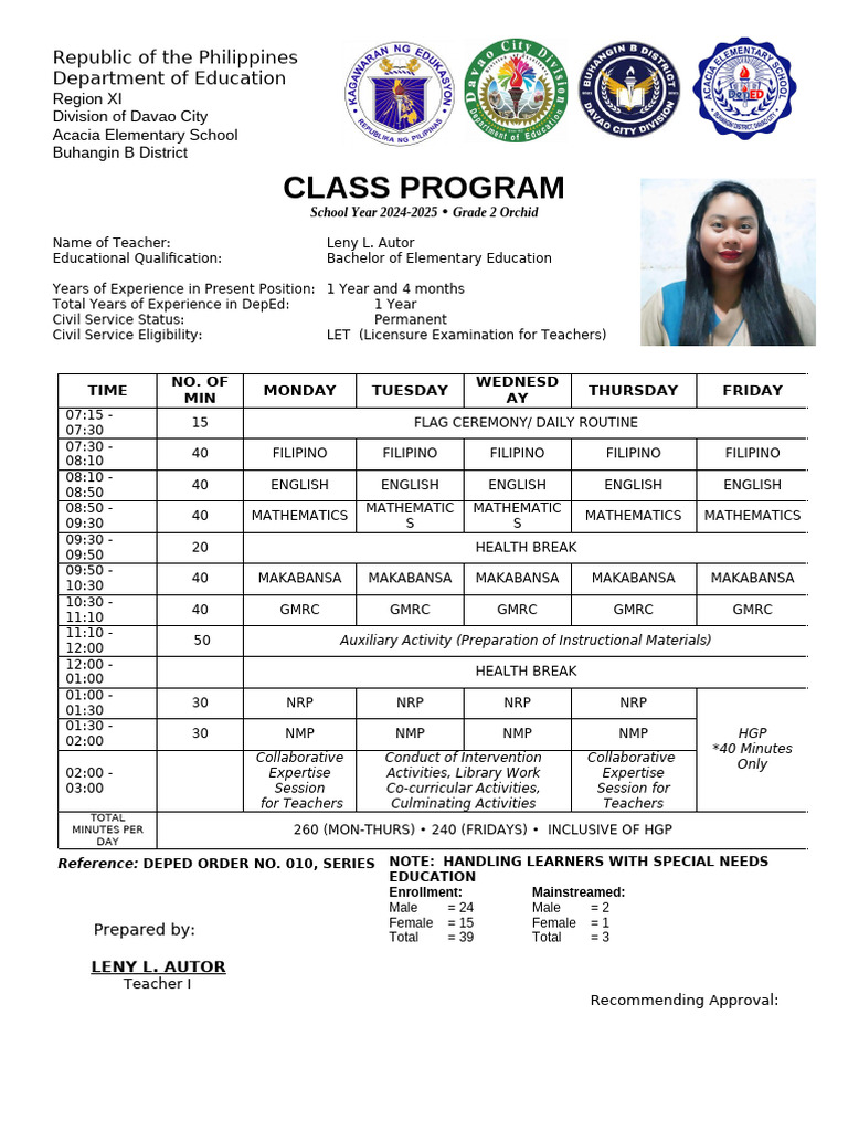 2024 2025 CLASS PROGRAM MOSENABRE MATATAG Revised November | PDF
