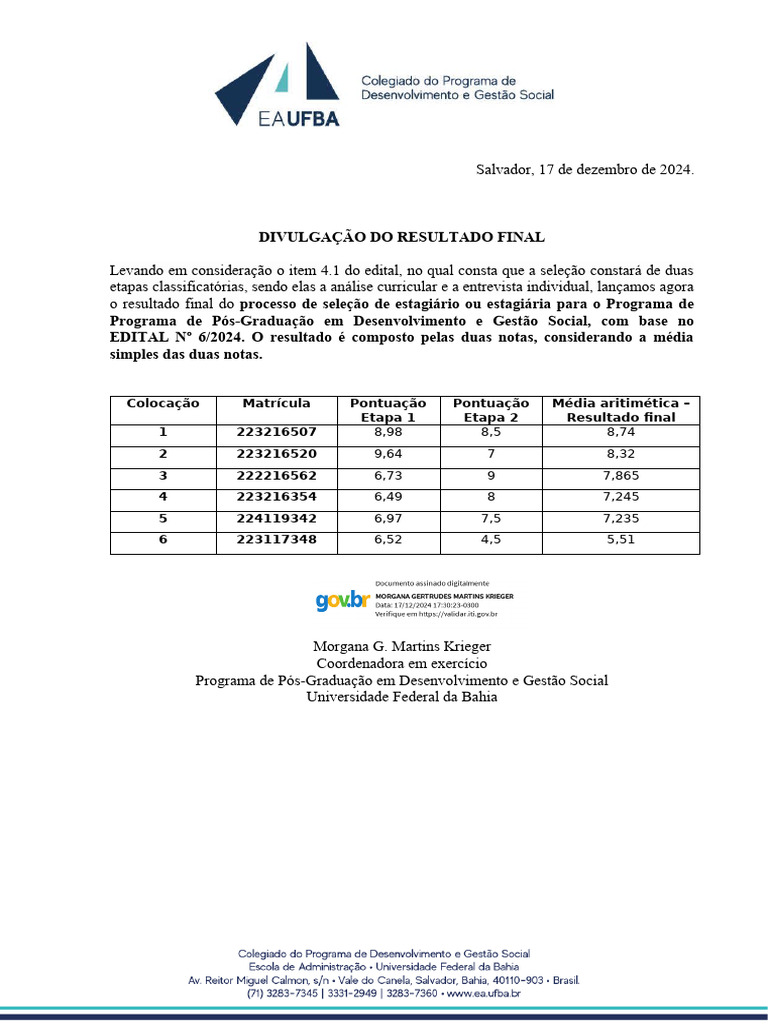 Resultado Final Estagiario PDGS Assinado | PDF