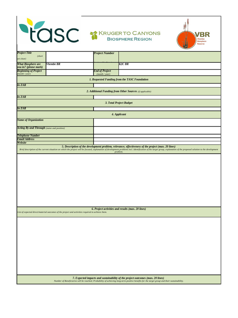 TASC K2C VBR Project Application Form FINAL | PDF | Microsoft Excel