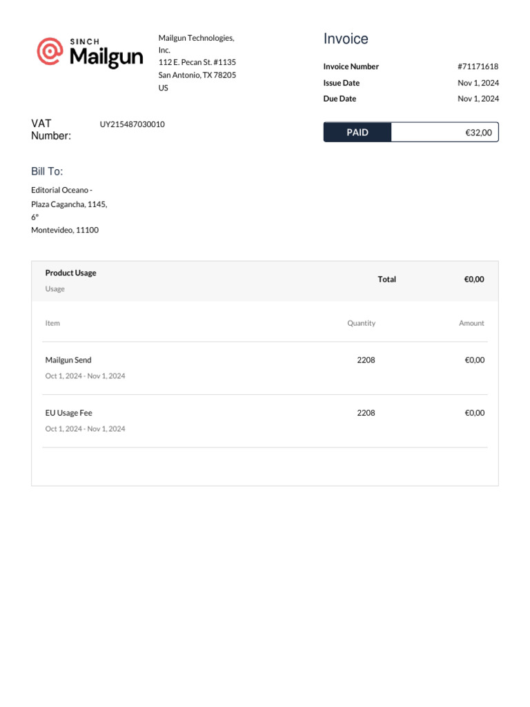 Mailgun Invoice #71171618 Paid | PDF
