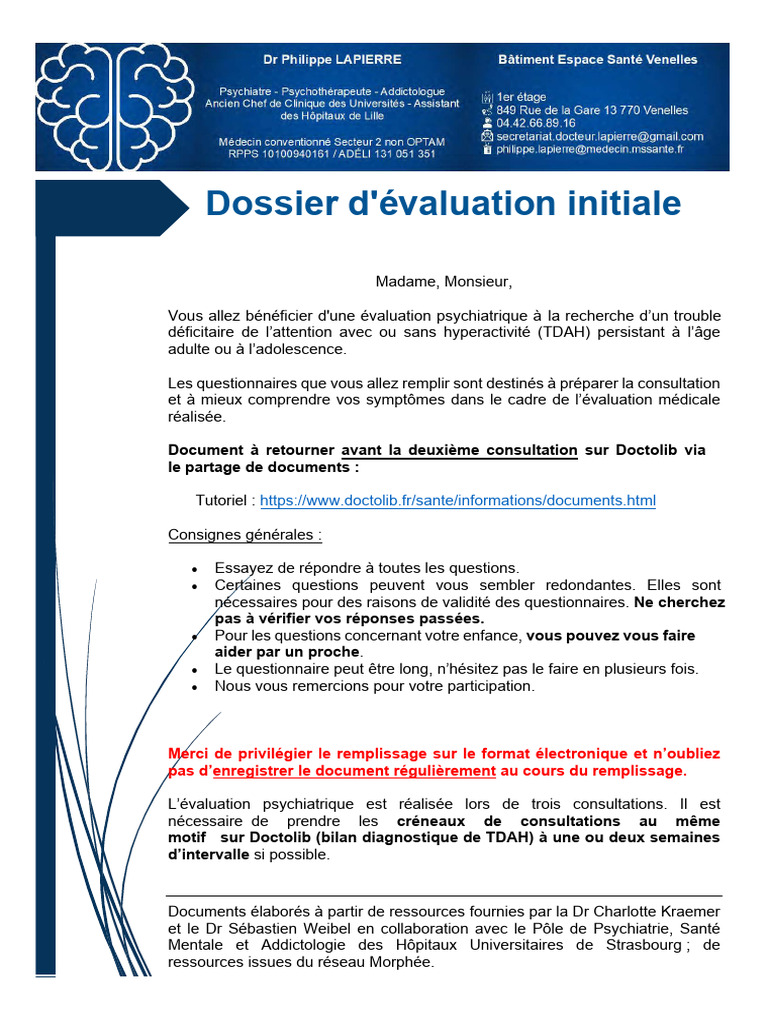 Questionnaire d'évaluation TDAH adulte | PDF | Trouble du déficit de l ...