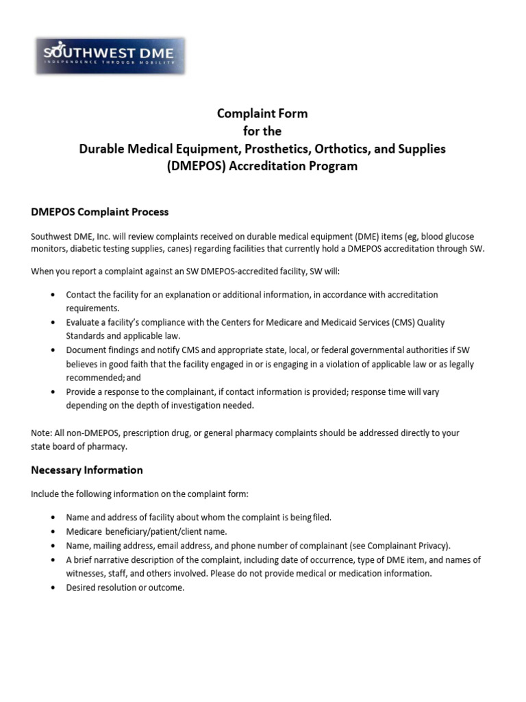 Complaint Form SW | PDF | Medicare (United States) | Medical Device