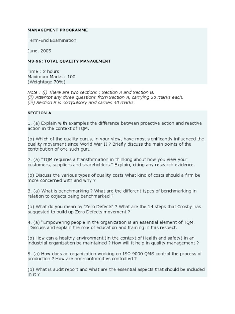 Total Quality Management Question Paper | PDF | Quality Management ...