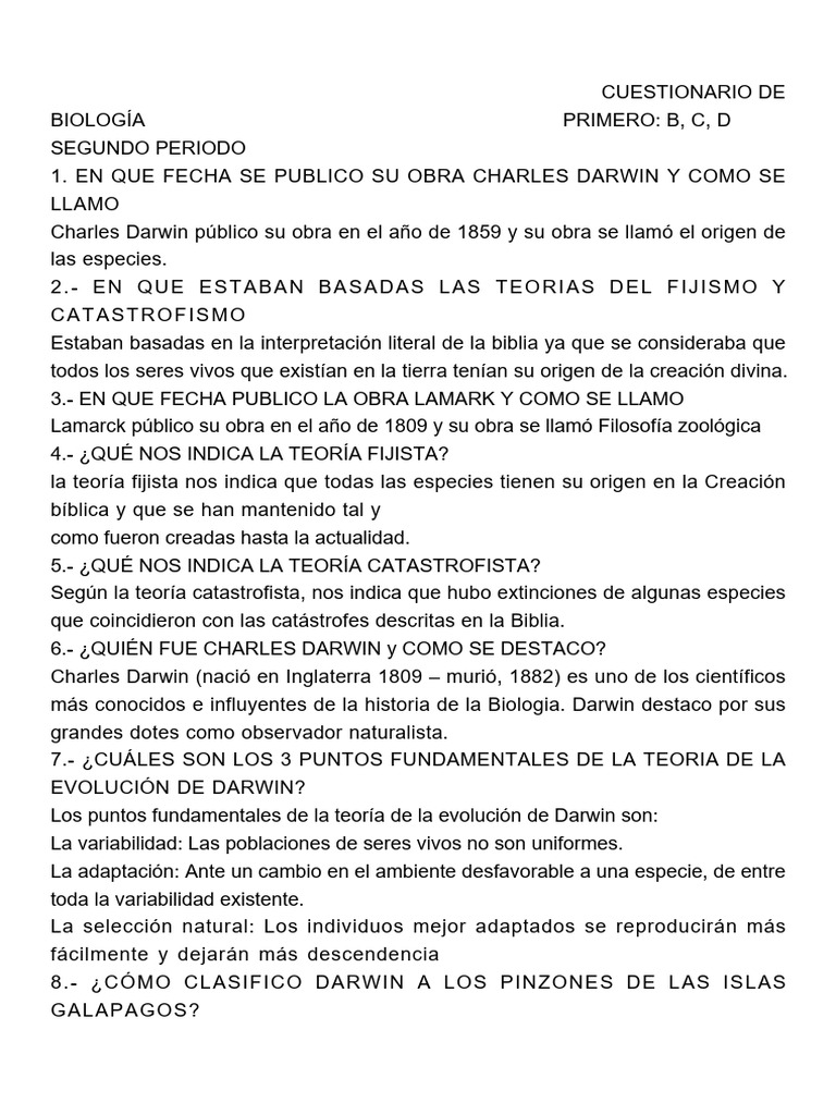 Cuestionario de Biología Básica | PDF | Evolución | Seleccion natural