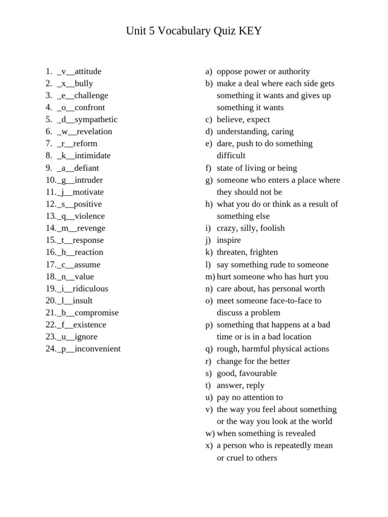 Unit 5 Vocabulary Quiz Answers | PDF