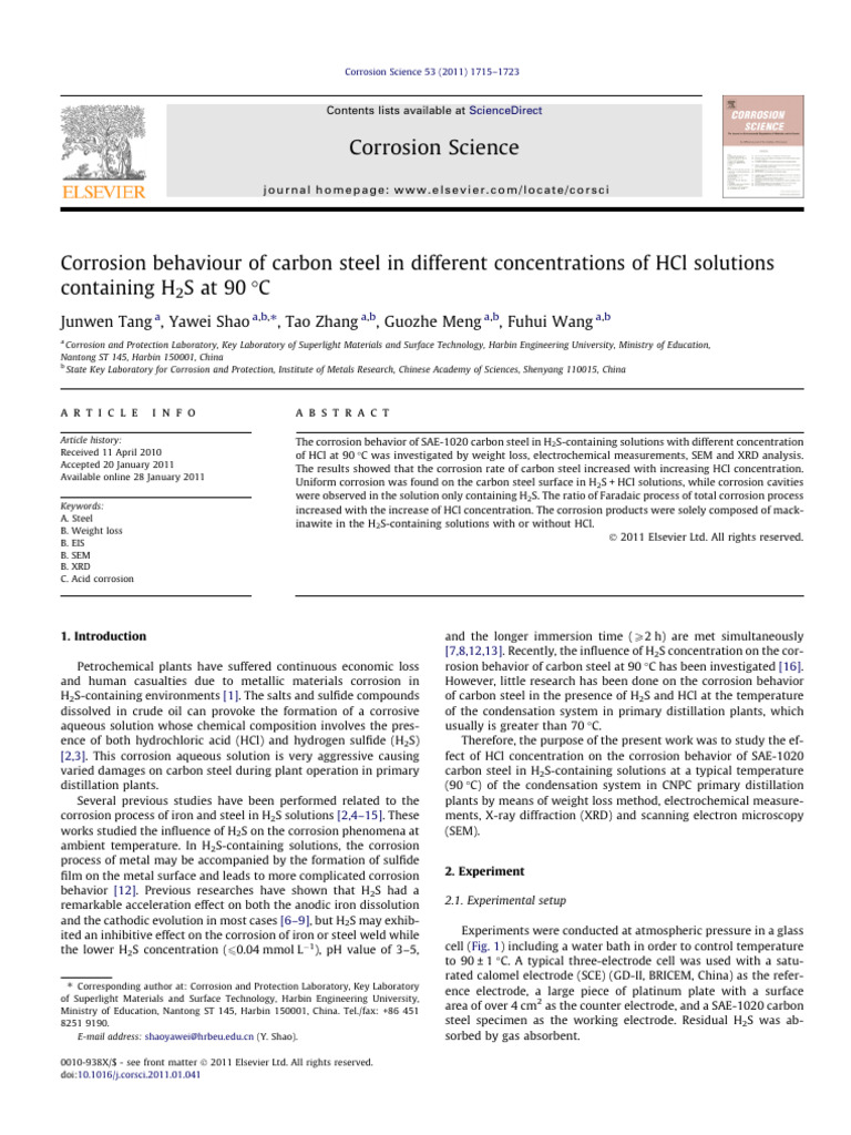 Corrosion of Carbon Steel in HCl-H2S Solutions | PDF | Corrosion ...