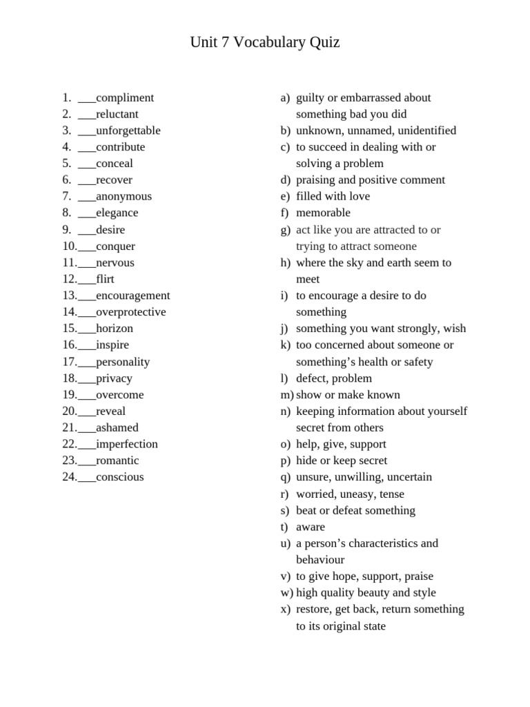 Unit 7 Vocab Quiz | PDF