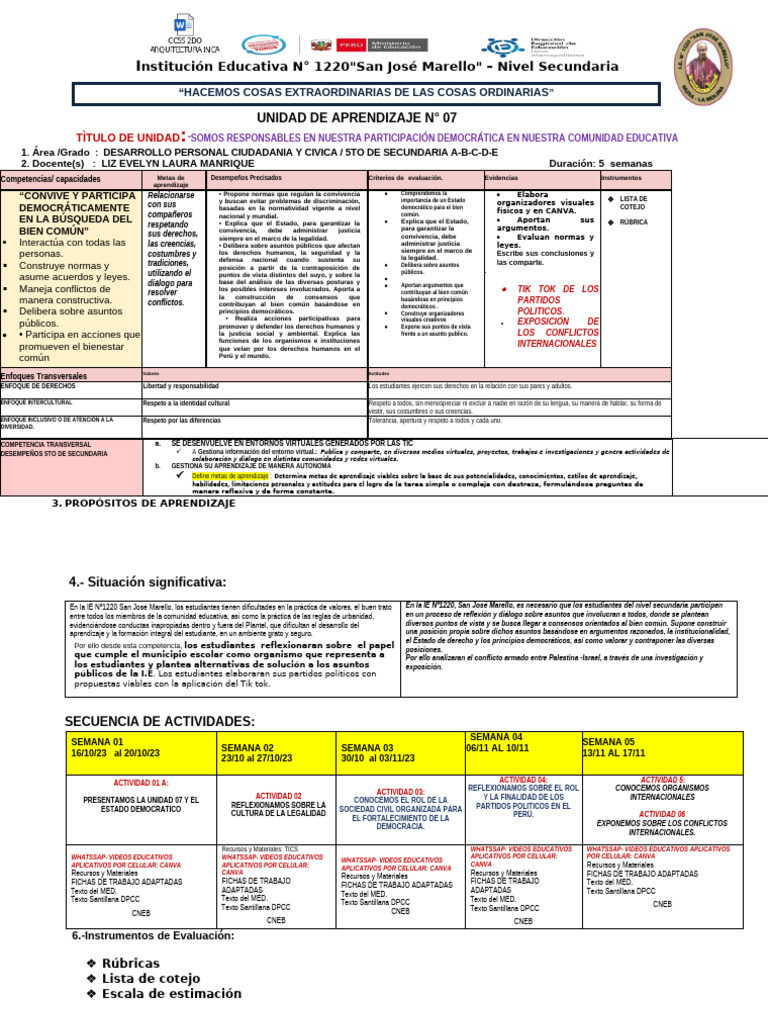 Unidad 07 DPCC 5to | PDF | Aprendizaje | Democracia