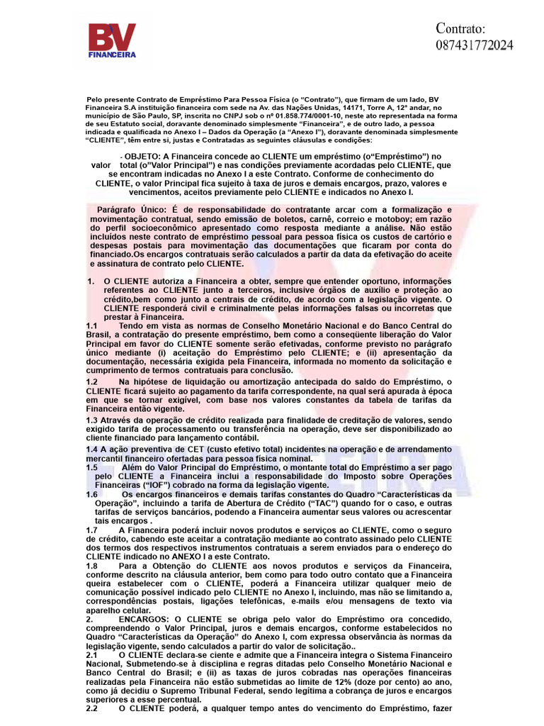 Contrato de Empréstimo Pessoal BV Financeira | PDF | Empréstimos | Crédito