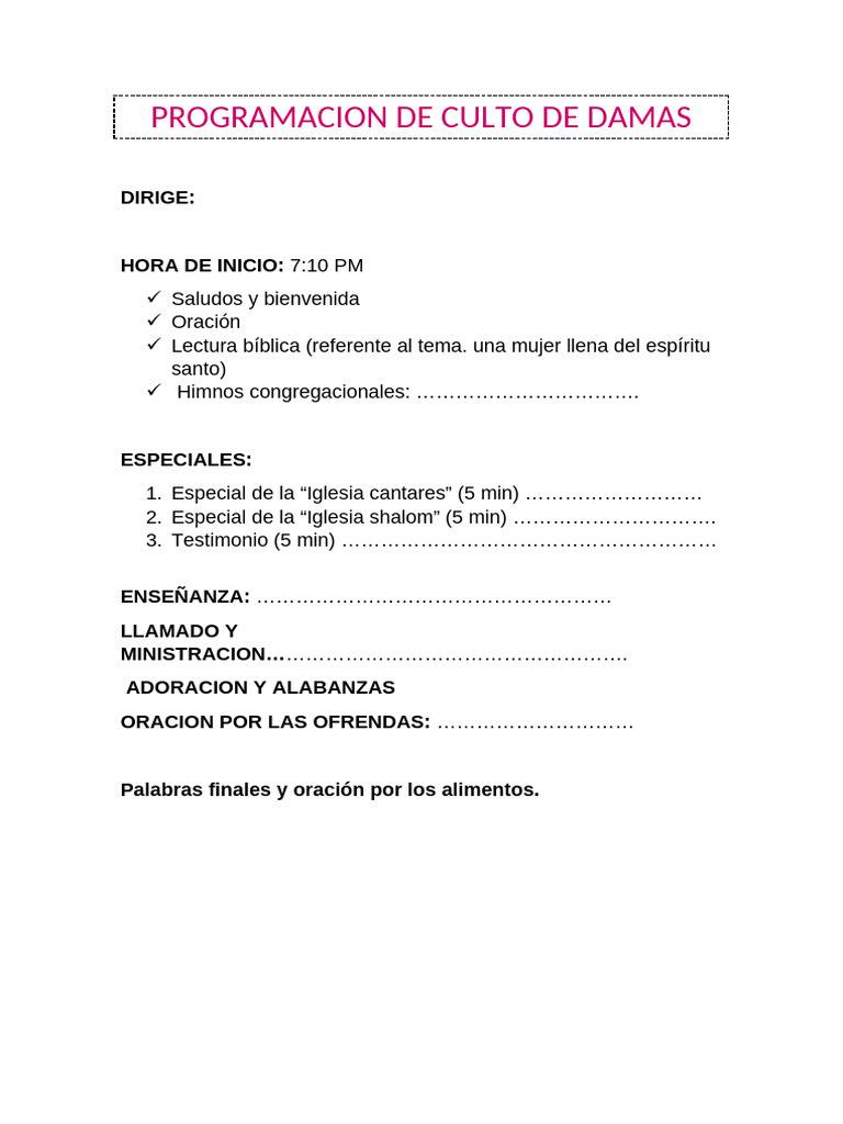 Culto de Damas: Programa y Actividades | PDF