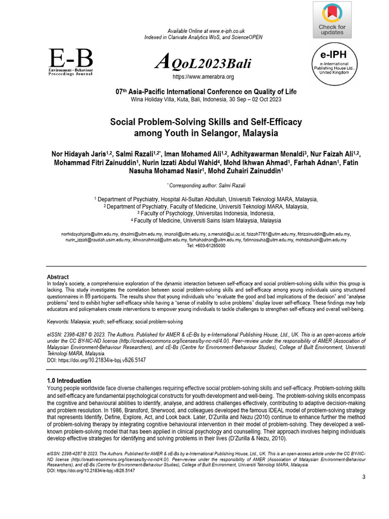 Social Problem-Solving Skills and Self-Efficacy Among Youth in Selangor, Malaysia | PDF | Self ...