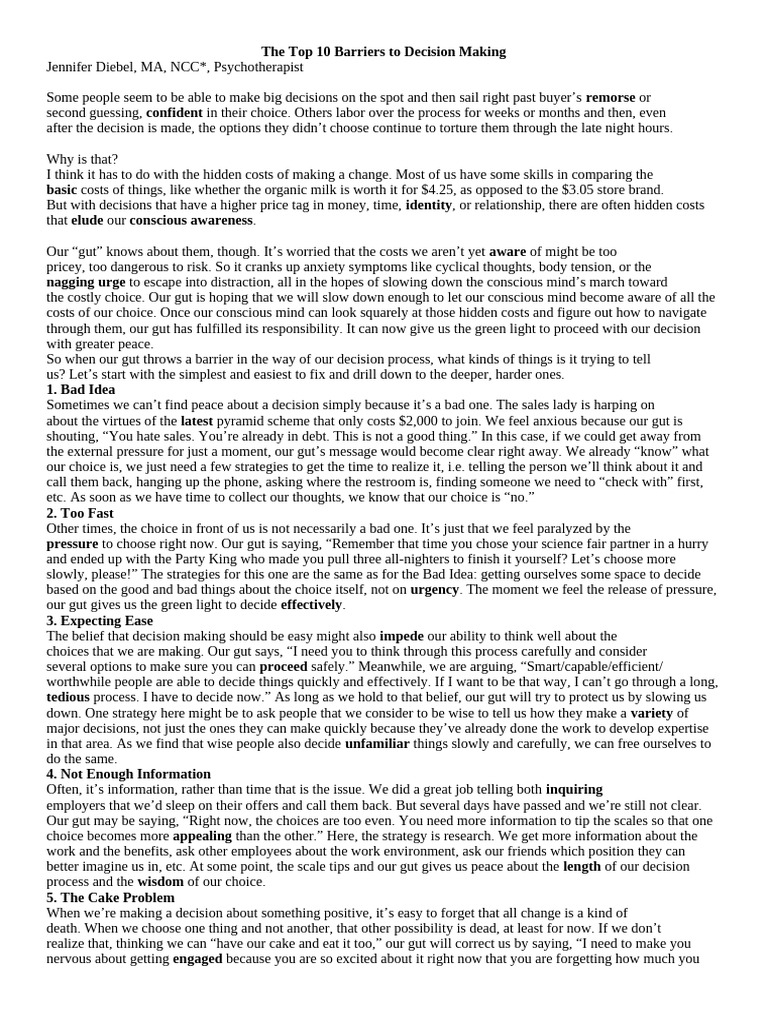 The Top 10 Barriers To Decision Making - Bolded Vocabulary | PDF | Fear ...