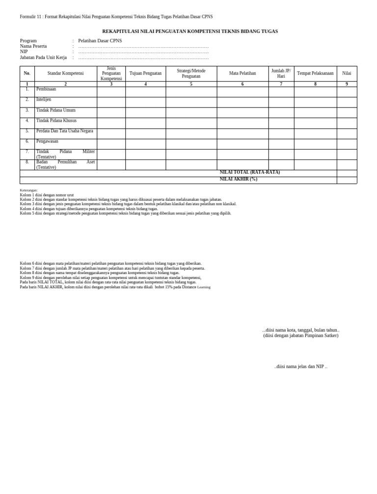 Formulir 11 - Format Rekapitulasi Nilai PKTBT | PDF