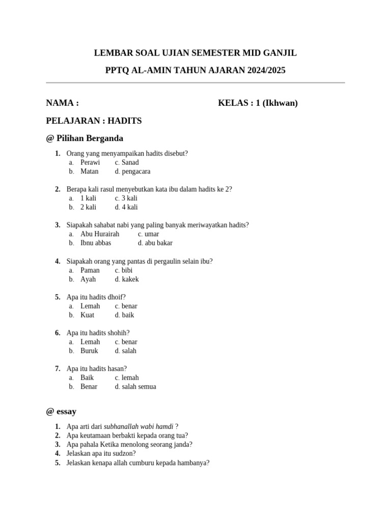 Lembar Soal Ujian Semester Ganjil Mid Kls 1 | PDF