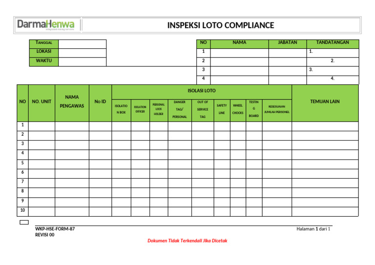 WKP-HSE-ForM-87 R00 Inspeksi Loto Compliance | PDF