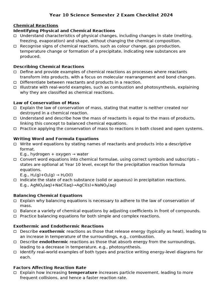 10 Science Semester 2 2024 Exam Checklist | PDF | Chemical Reactions ...