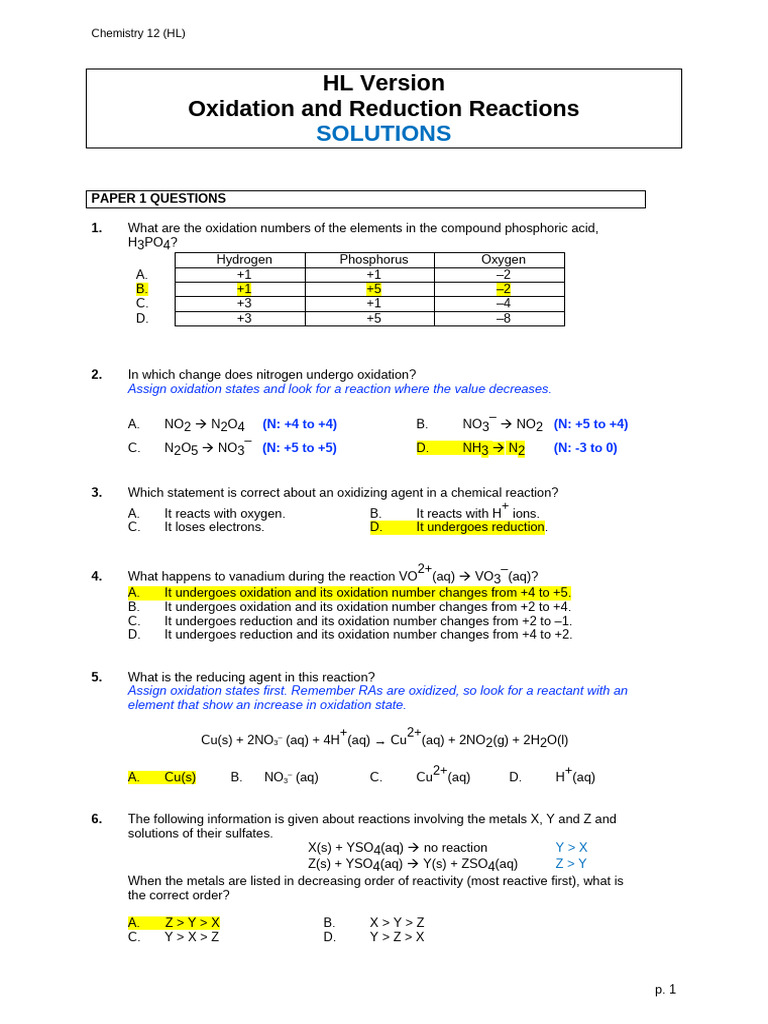 Redox Test Review HL Solutions (2024) | PDF | Redox | Anode