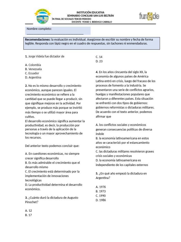 Examen Décimo Grado | PDF | Tomás de Aquino | America latina