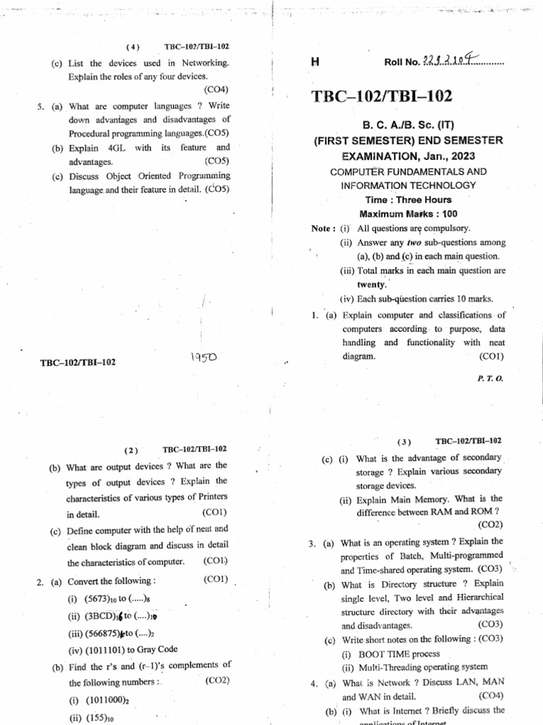 tbc102 Endsem 2023 Jan | PDF