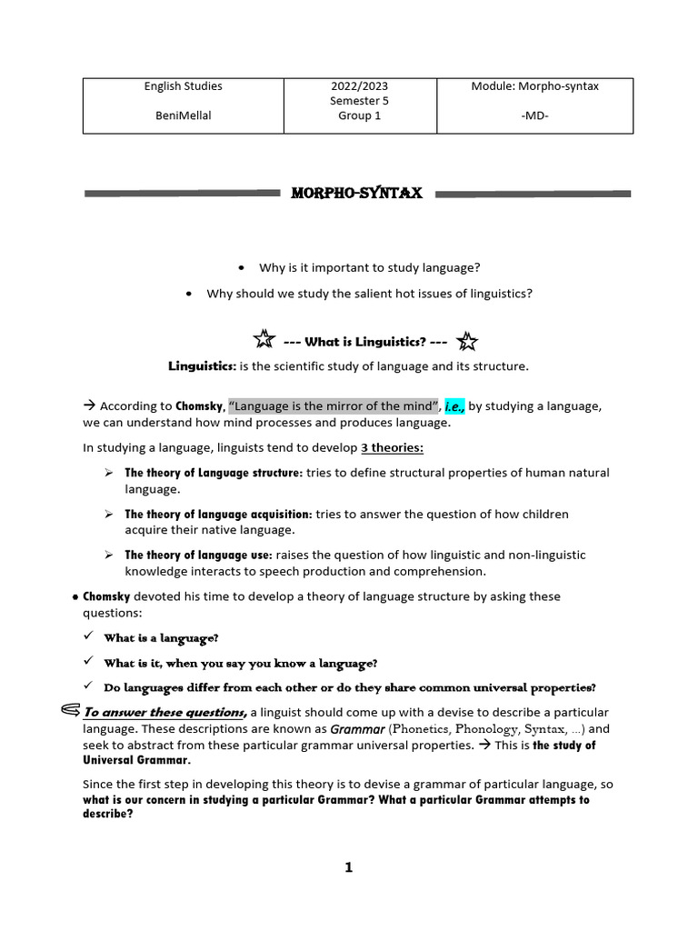 Morpho-Syntax - Summary - Prof. Bourima | PDF | Syntax | Word