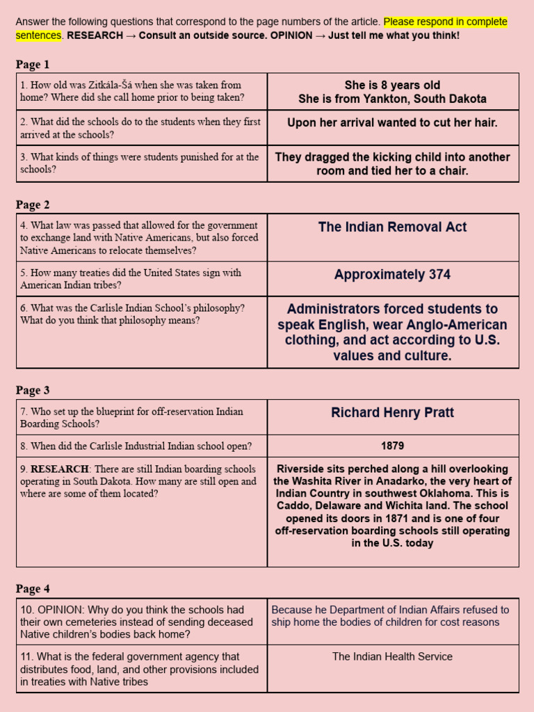 American Indian Boarding School Assignment | PDF | Society Of The ...