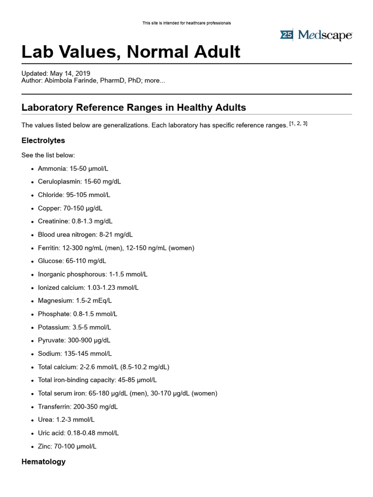 Lab Values, Normal Adult_ Laboratory Reference Ranges in Healthy Adults | PDF | Magnesium ...