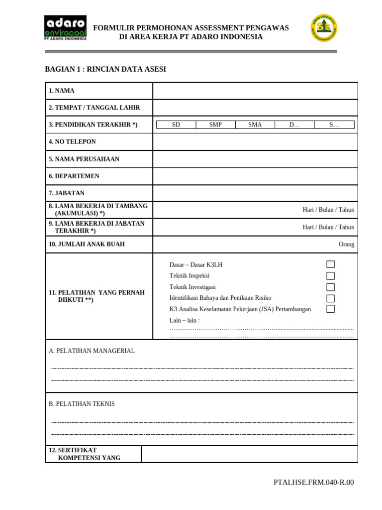Formulir Assessment Pengawas Adaro | PDF