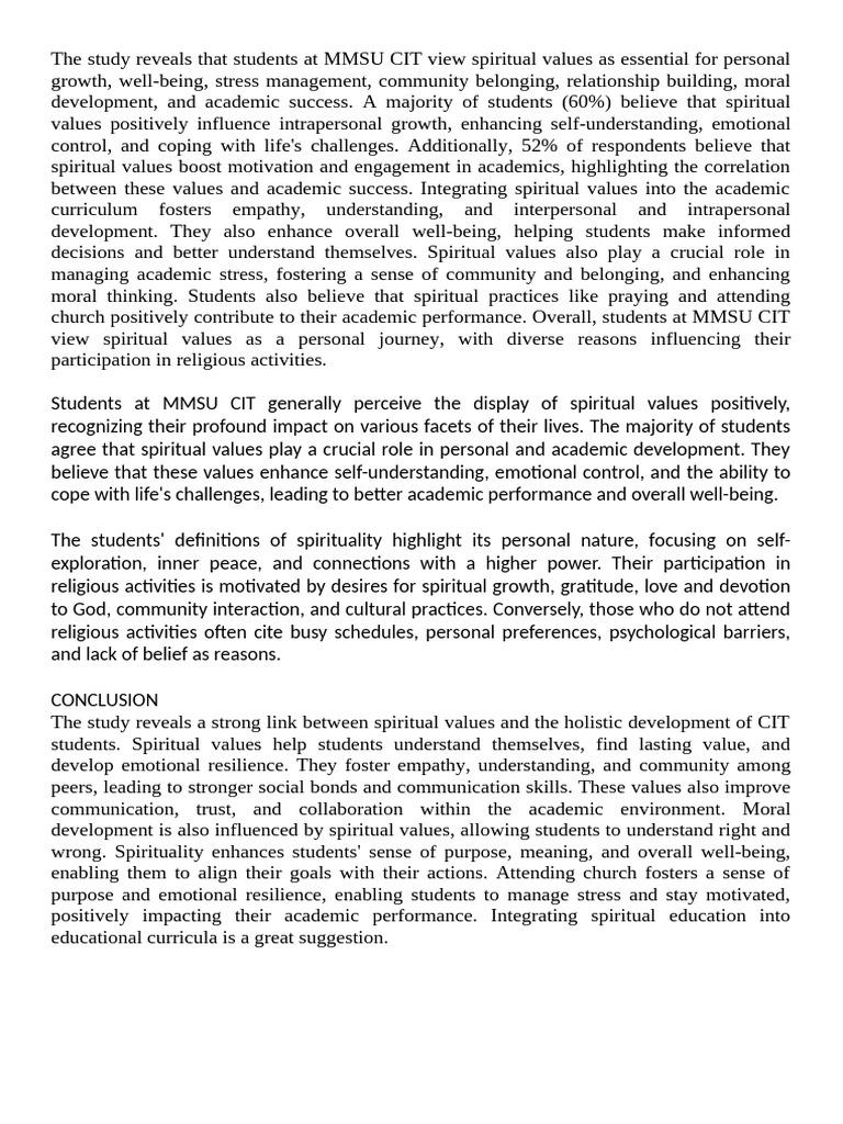 The Study Reveals That Students at MMSU CIT View Spiritual Values As ...