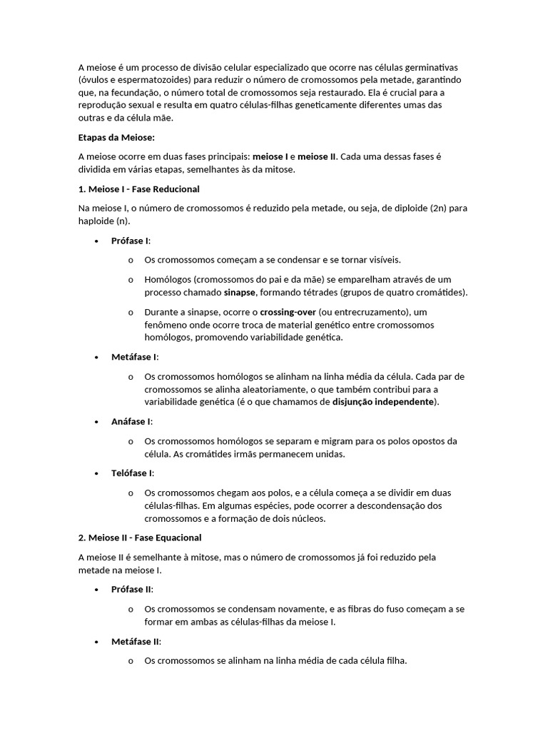 A Meiose é Um Processo De Divisão Celular Especializado Que Ocorre Nas