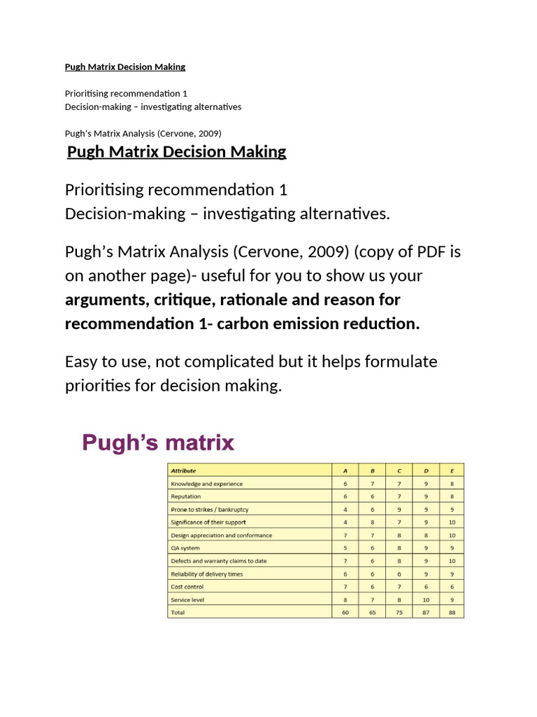 Pugh Matrix Info- Recommendation 1 Info | PDF | Decision Making