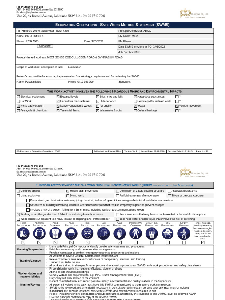 Excavation Operations SWMS ADCO NEXT SENSE COE | PDF | Occupational ...