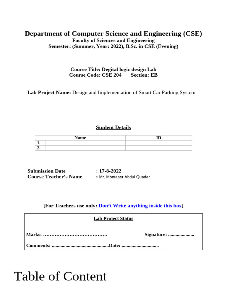 DLD LAB Project Report template | PDF | Parking | Microcontroller