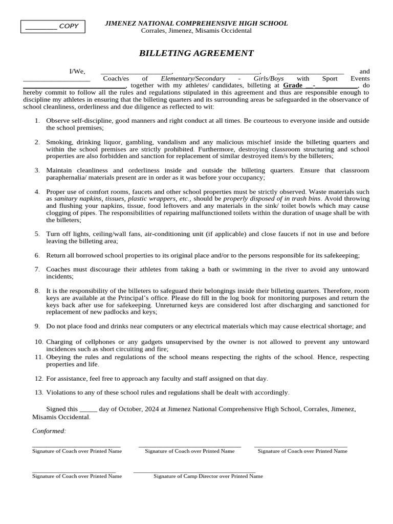 Billeting Agreement | PDF | Toilet