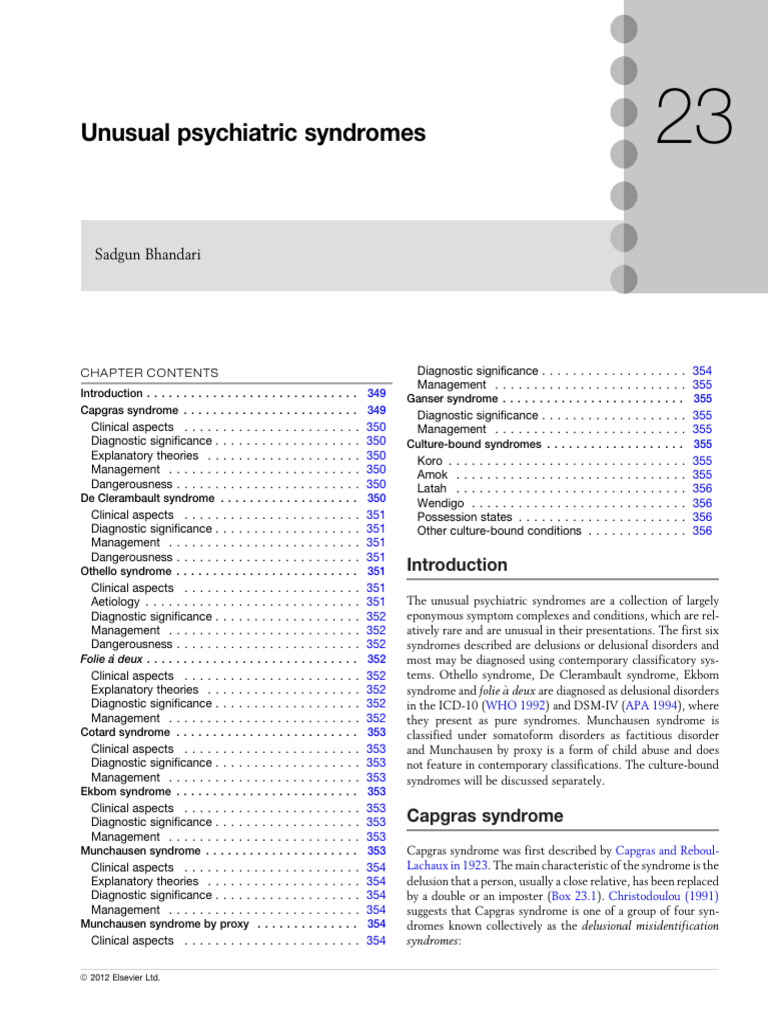 Unusual Psychiatric Syndromes: Sadgun Bhandari | PDF | Delusion ...