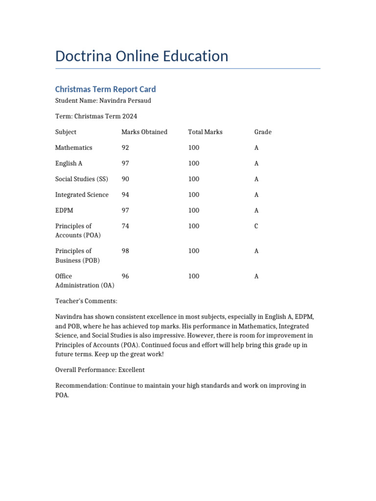 Christmas Term Report Card Navindra Persaud | PDF