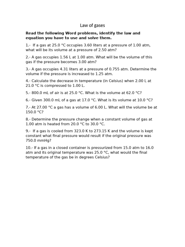 Gas Laws: Word Problems & Solutions | PDF