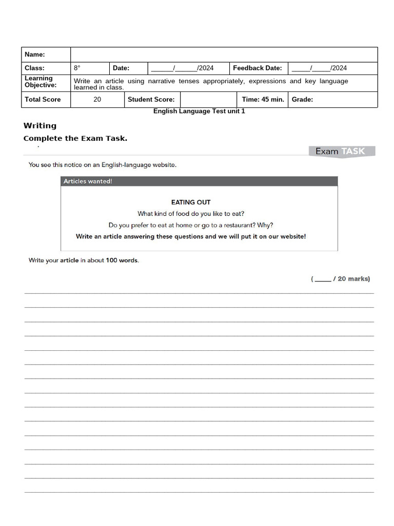 English Writing Test 2 8thgrade | PDF | Linguistics | Educational ...