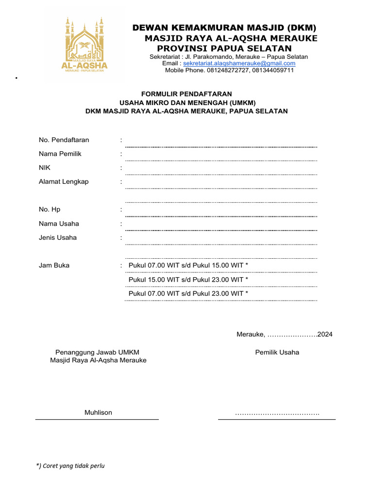CONTOH FORMULIR PENDAFTARAN UMKM DKM Al Aqsha | PDF