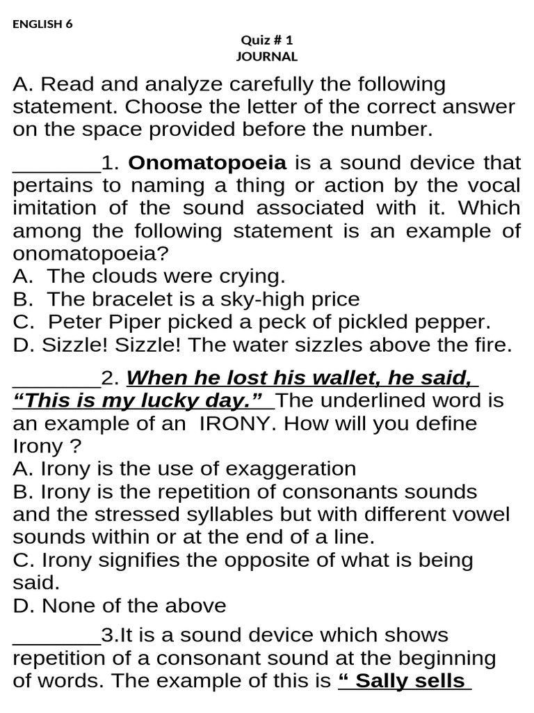 English 6 Sound Devices Quiz | PDF