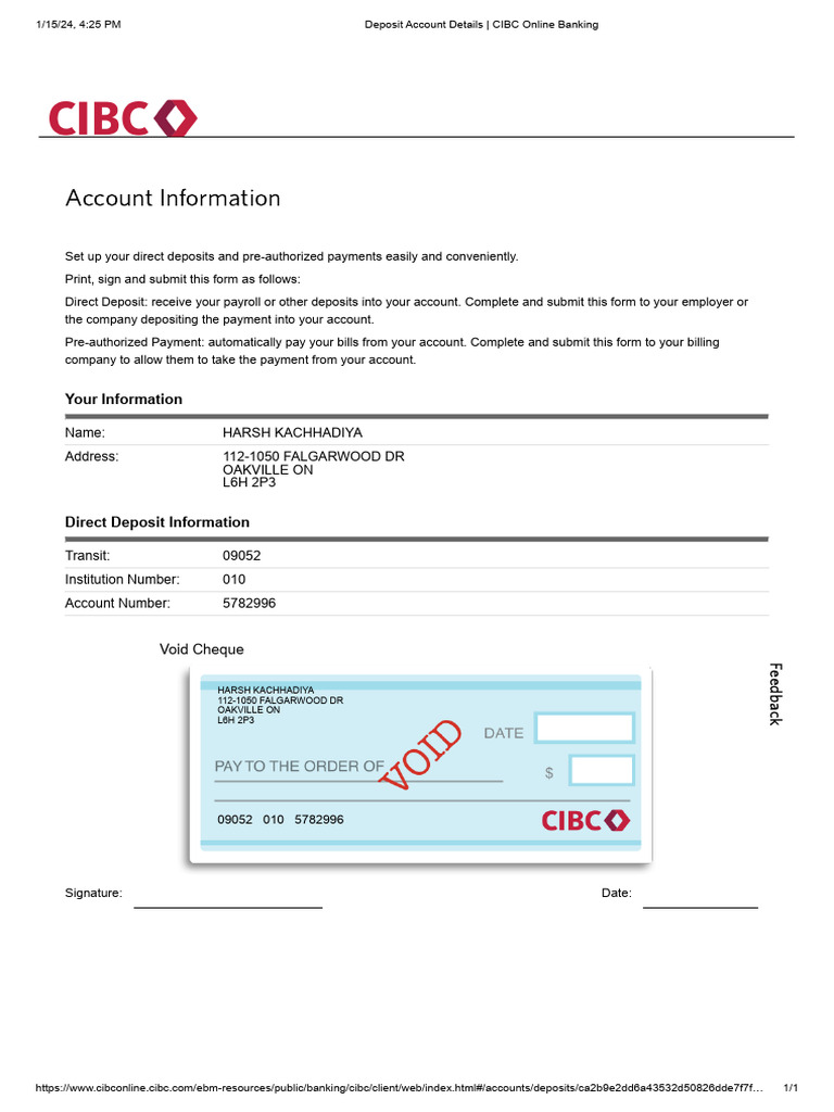Deposit Account Details - CIBC Online Banking | PDF