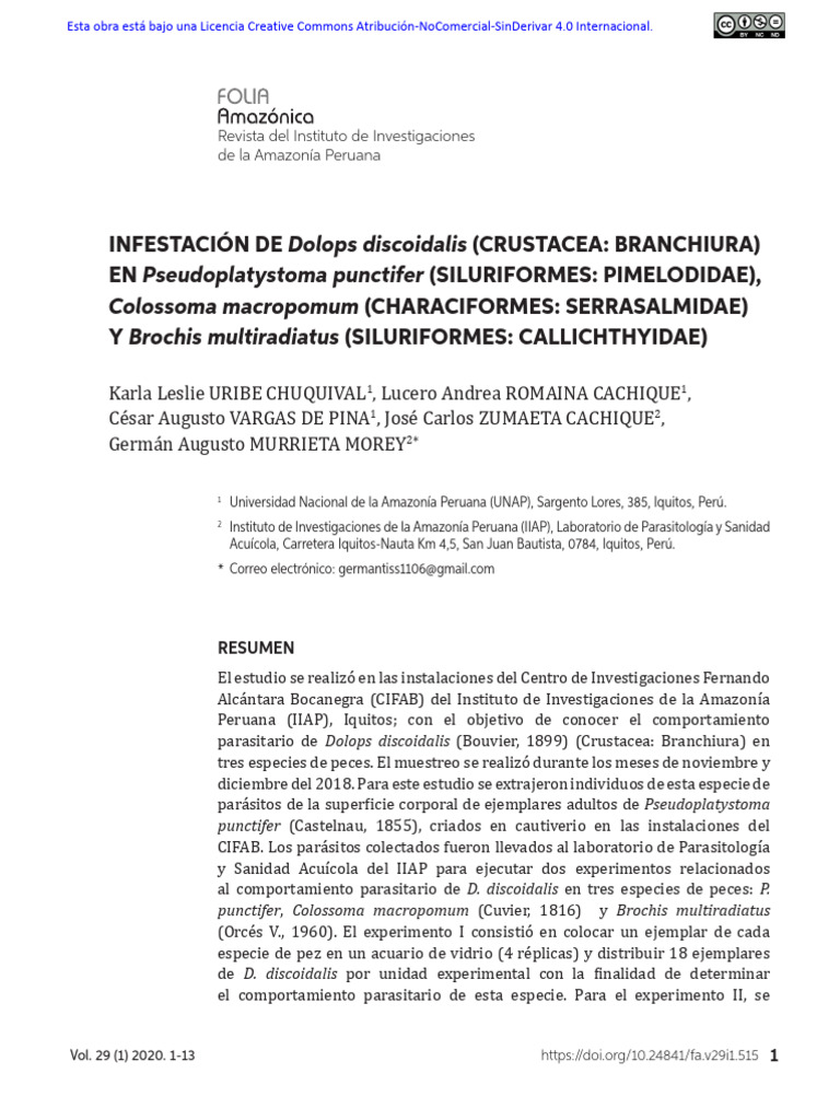 Infestación de Dolops discoidalis en Peces Amazónicos | PDF | Peces y ...