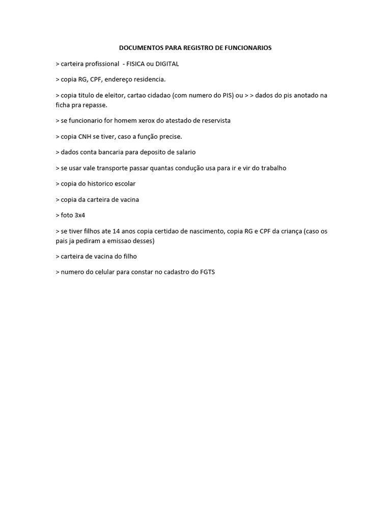 Documentos Para Registro de Funcionarios | PDF