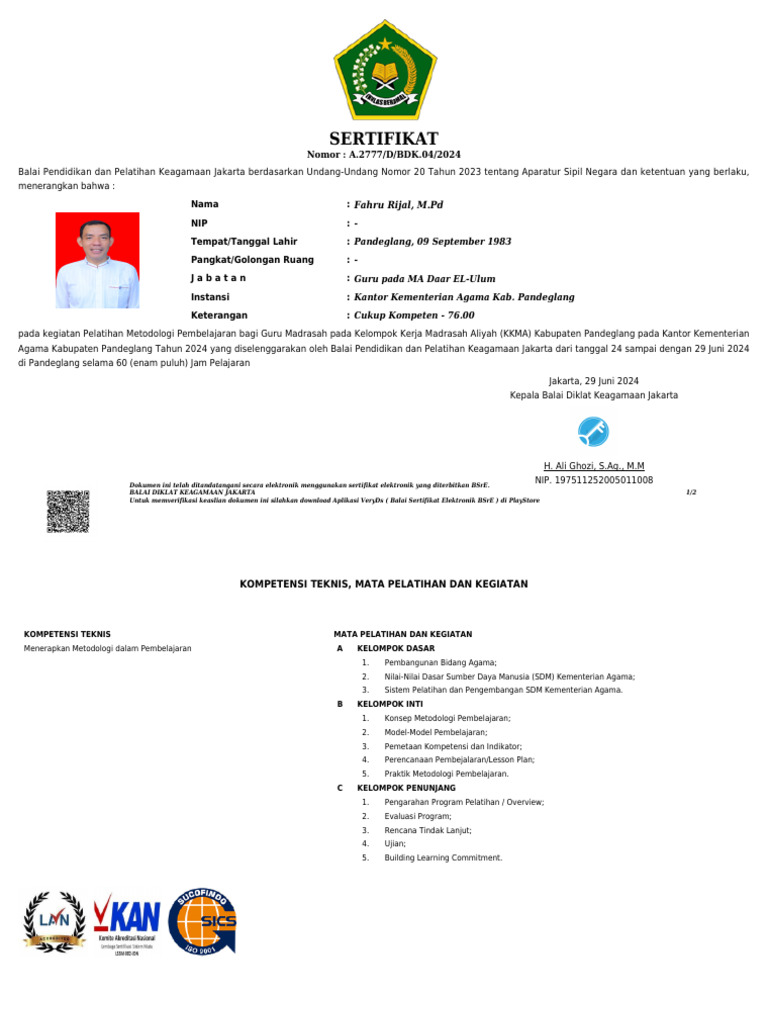 Data Sertifikat Fahru Rijal, M.PD | PDF