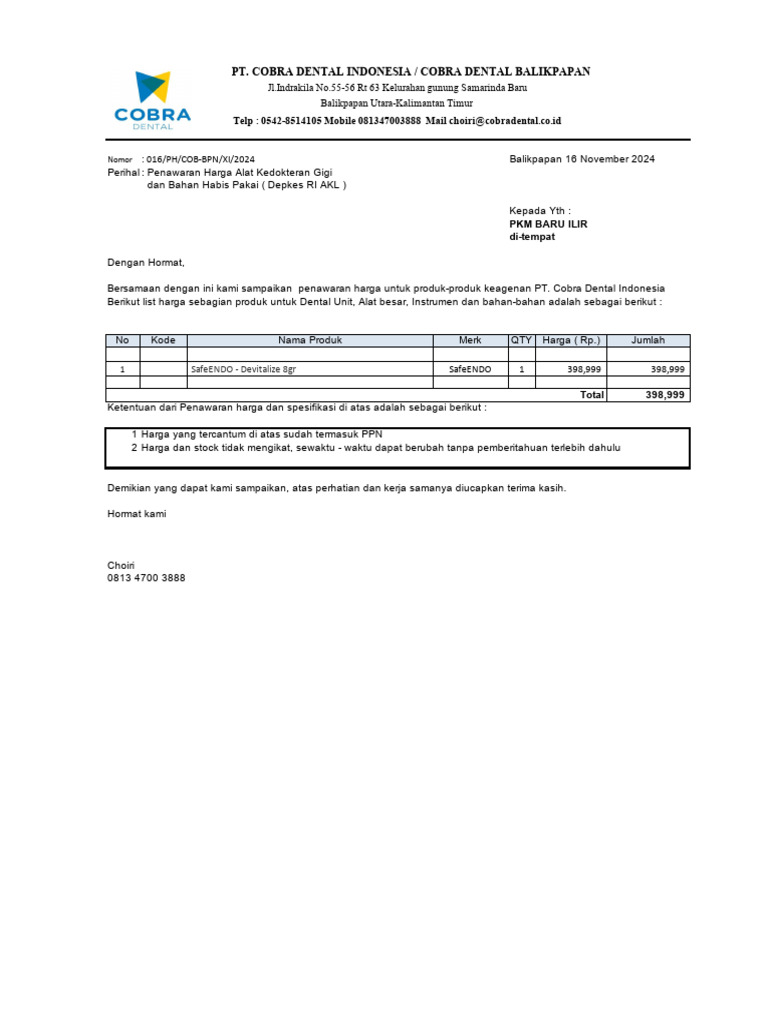 Penawaran Harga PKM BARU ILIR | PDF