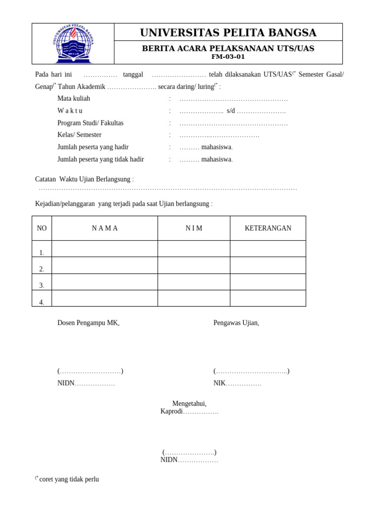 UPB-FM-03-01-TEMPLATE-BERITA-ACARA-PELAKSANAAN-UTS-UAS | PDF