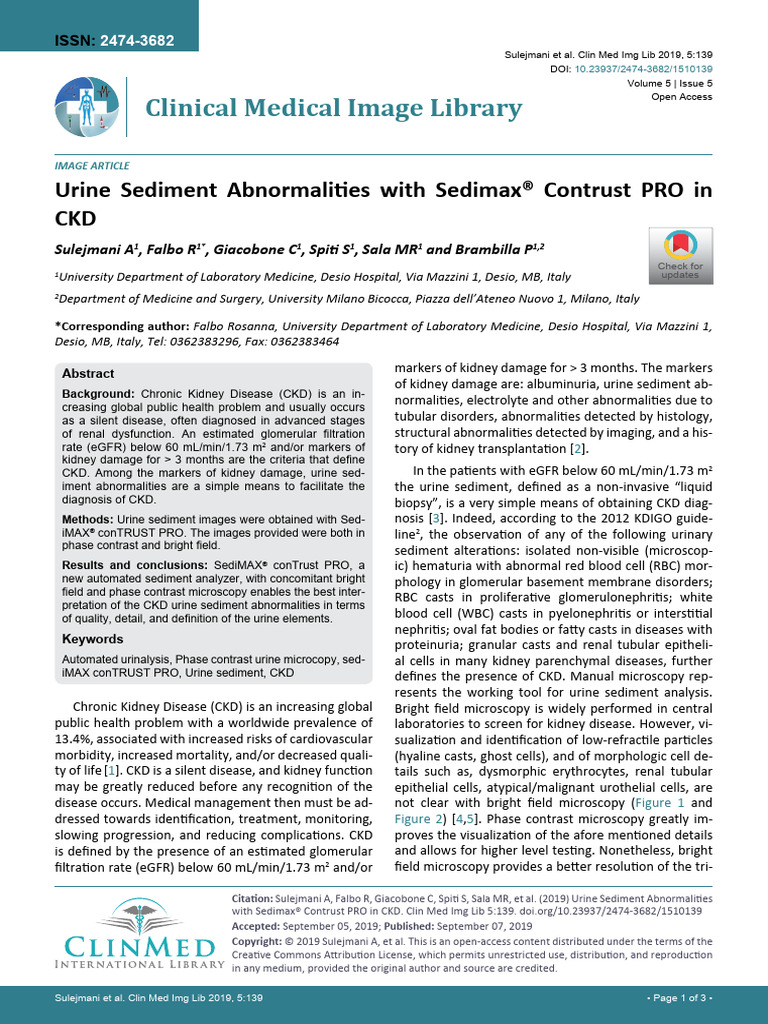 Urine Sediment Abnormalities With Sedima | PDF | Chronic Kidney Disease | Kidney