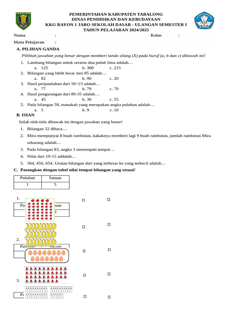 SOAL KLS 2 SEMESTER 1 MATEMATIKA | PDF