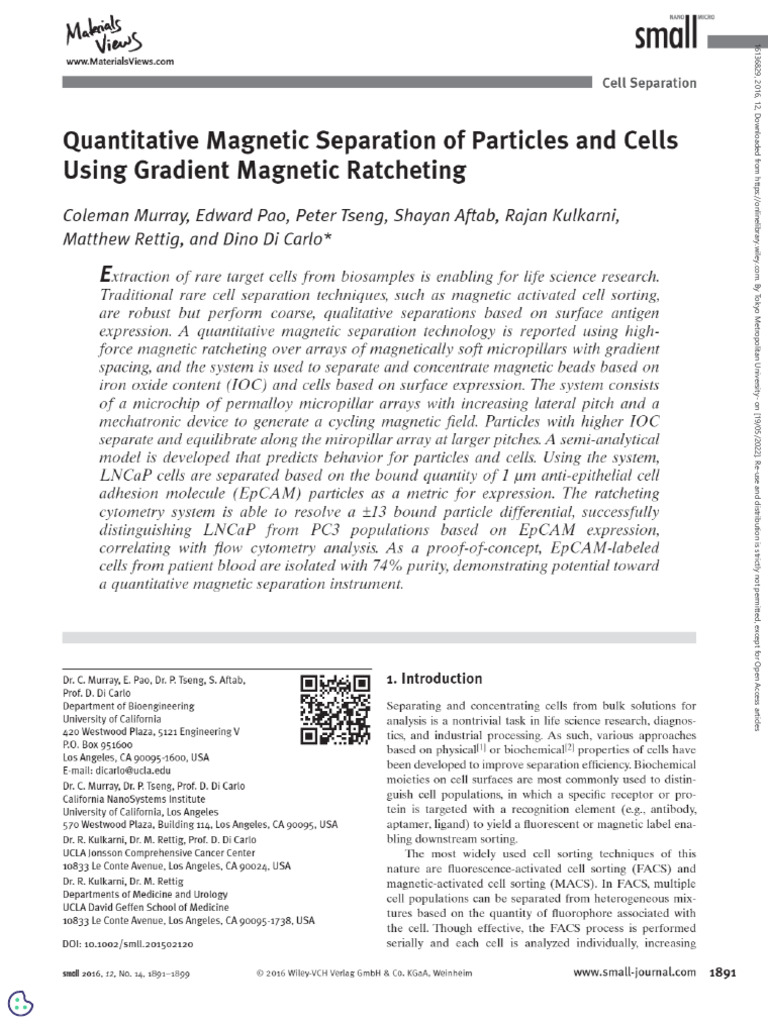 2016 (Coleman Murray) Quantitative Magnetic Separation of Particles and Cells Using Gradient ...