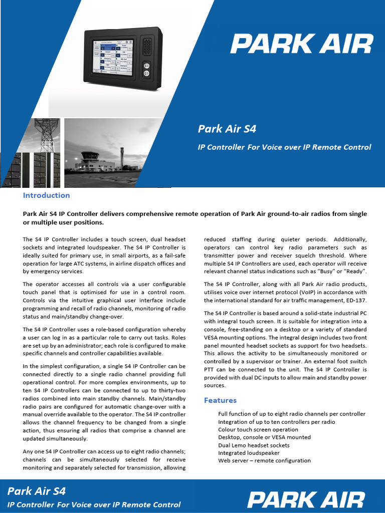 Park Air S4 IP Controller Overview | PDF | Touchscreen | Voice Over Ip