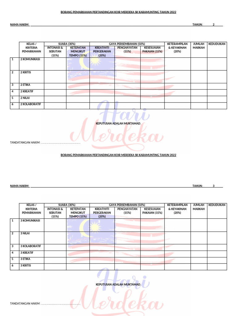 Borang Pemarkahan Pertandingan Koir Merdeka SK Karamunting Tahun 2022 | PDF